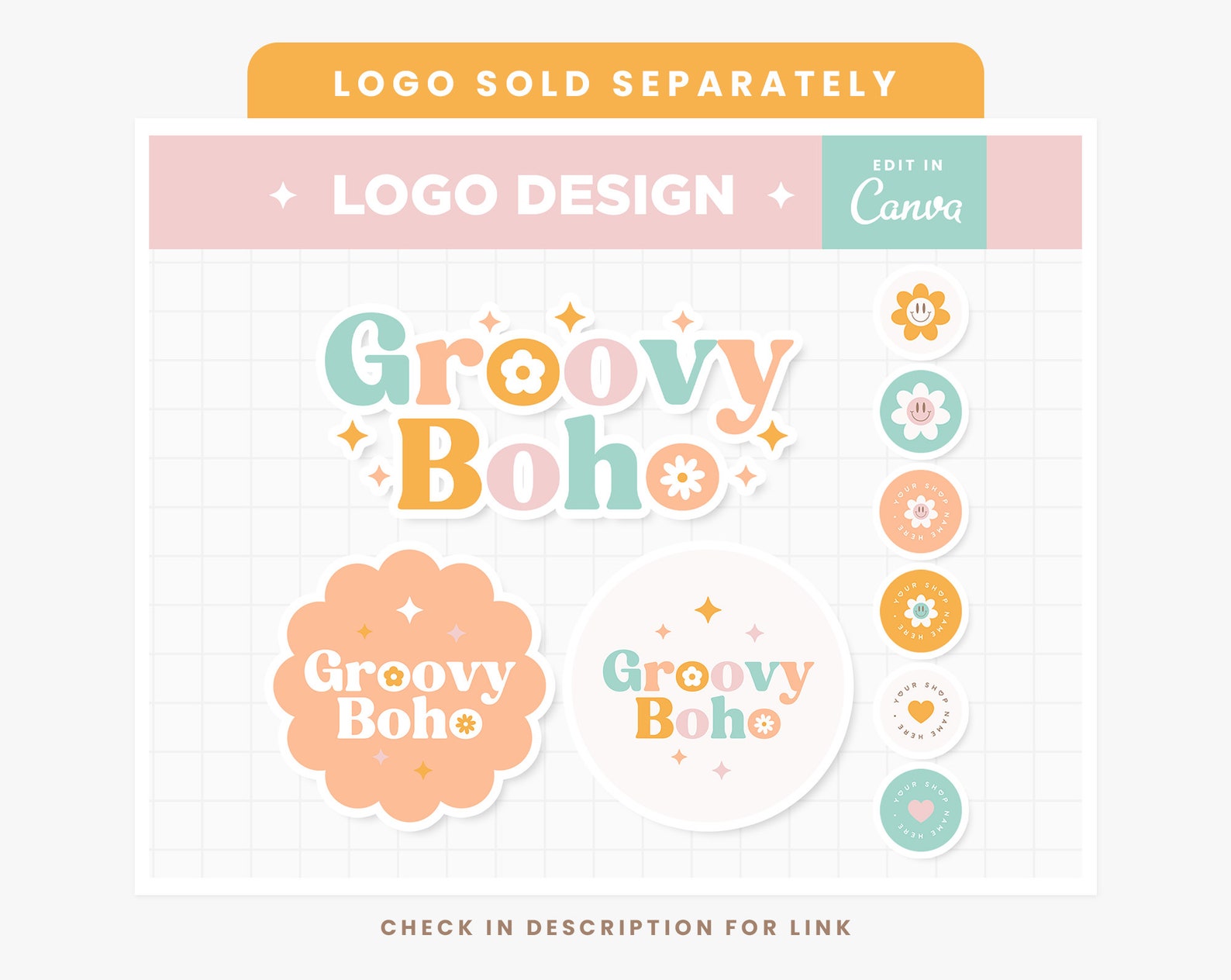 Business Card Template Editable in Canva, Groovy Boho Pastel ...