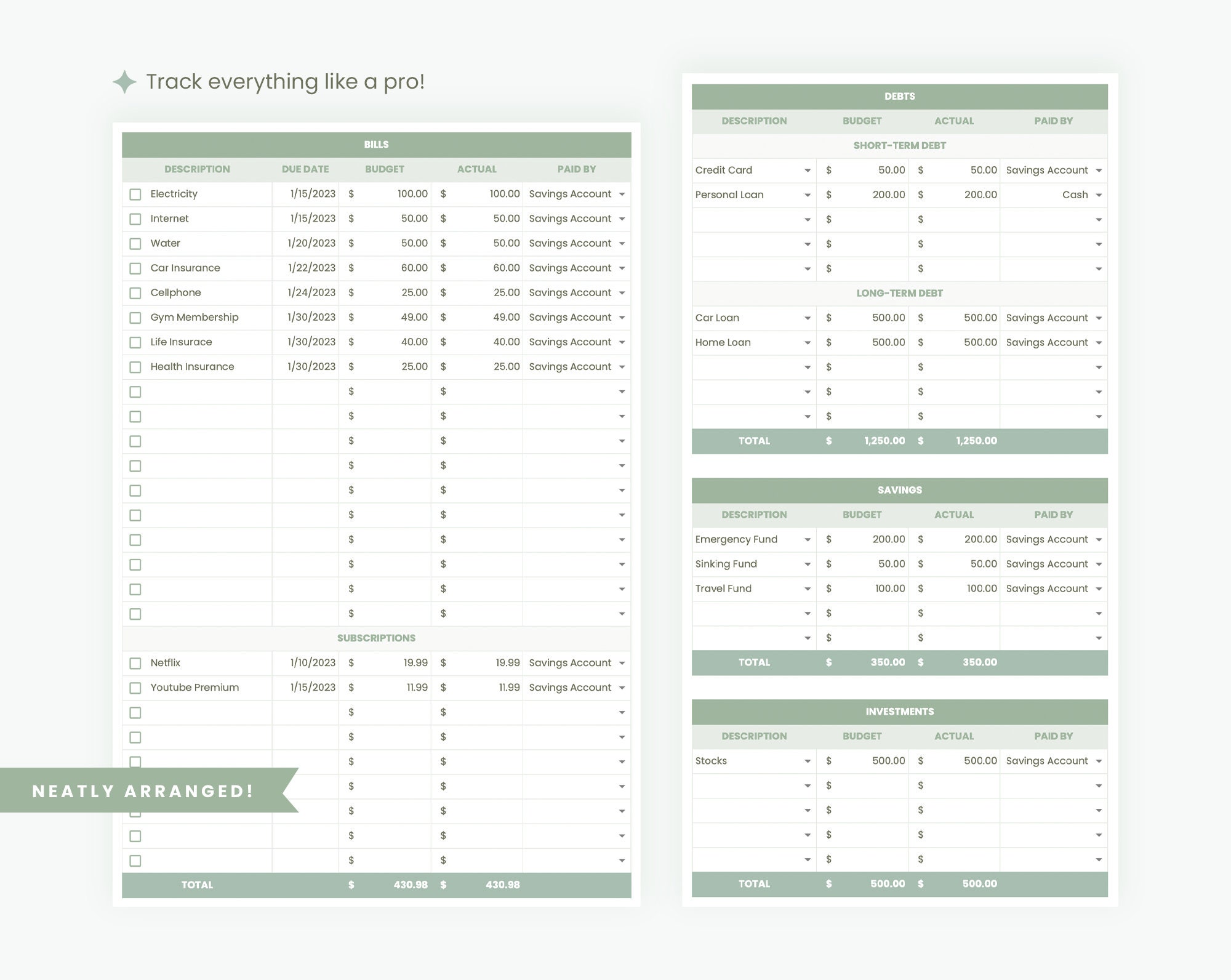 Budget Spreadsheet in Sage Green Colors, Digital Budget Planner, Annual ...
