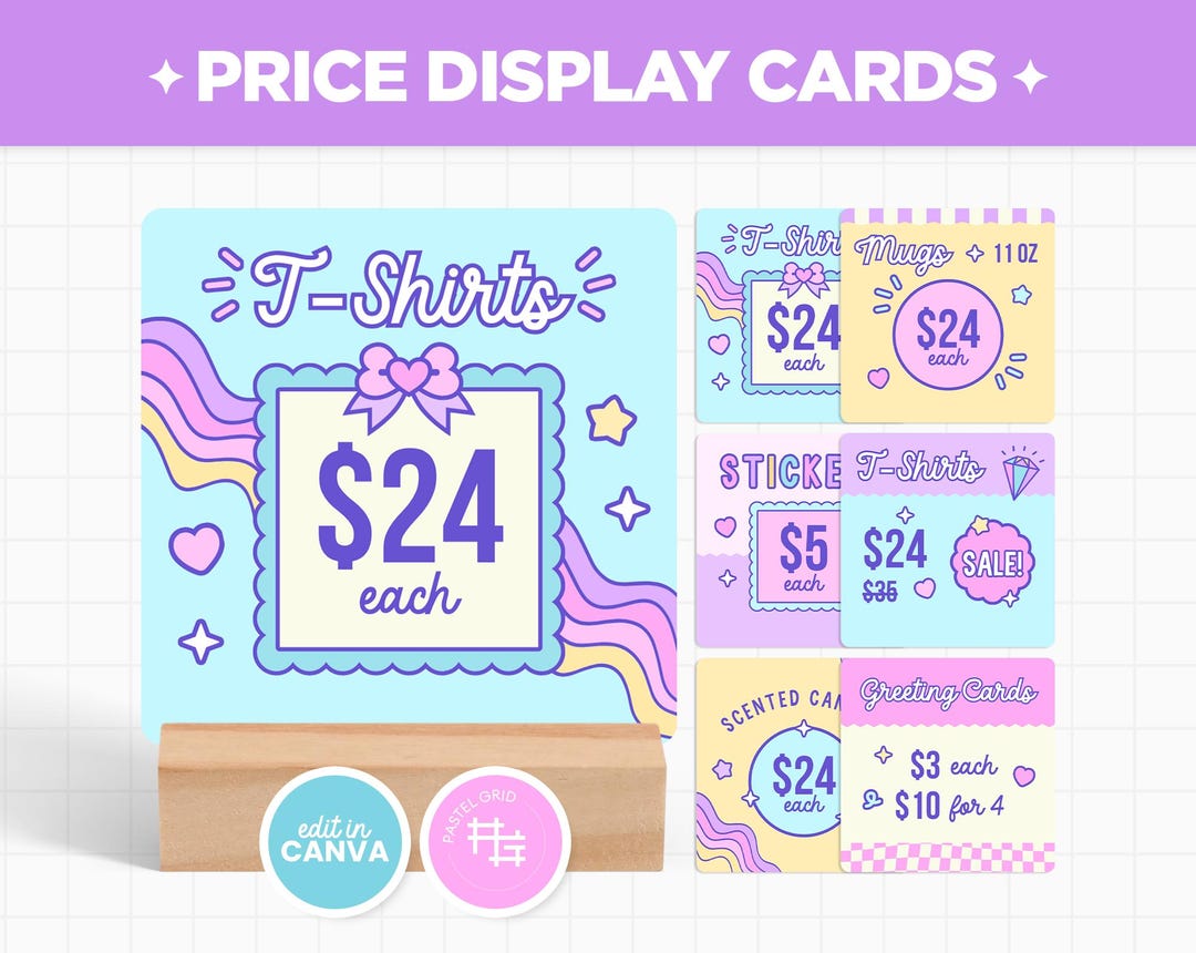 Price Display Cards Editable Canva Template in Purple Pink Blue Rainbow ...