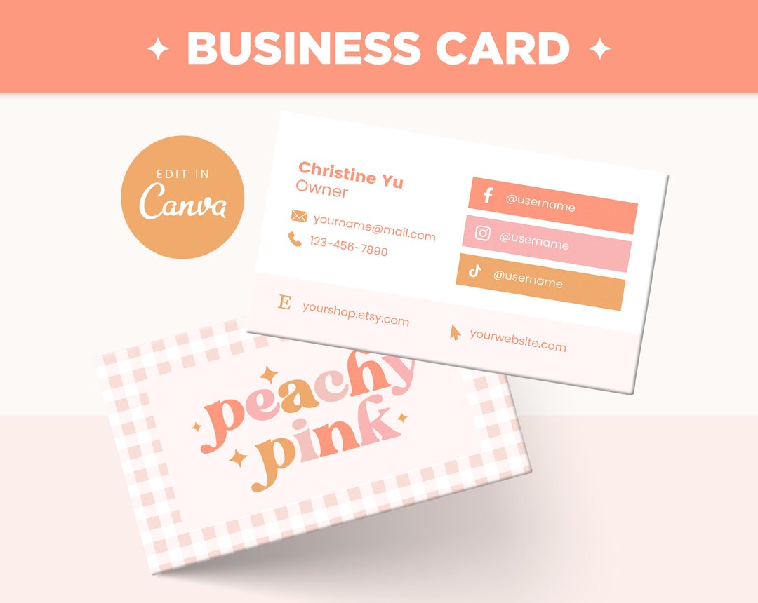 Business Card Template Editable in Canva, Peach Pink Colors Cute ...