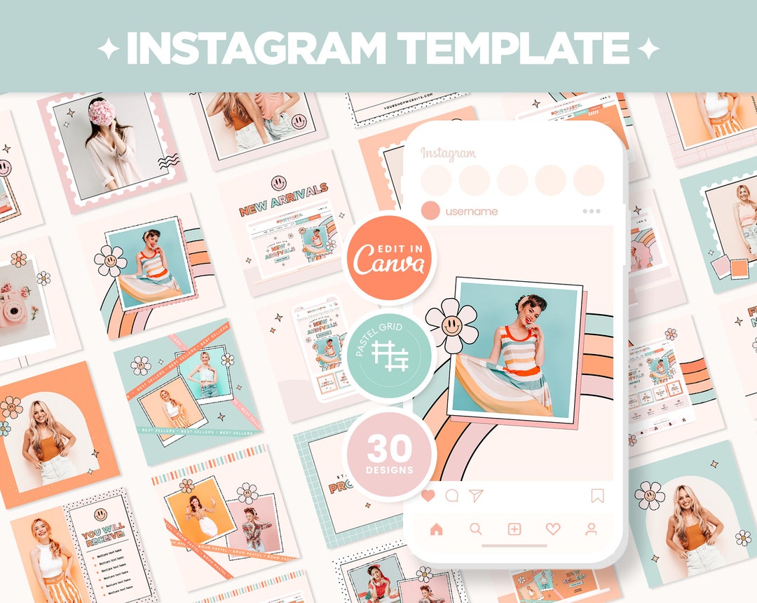 Instagram Posts Template Boho Pastel Groovy Rainbow Bundle in Square ...