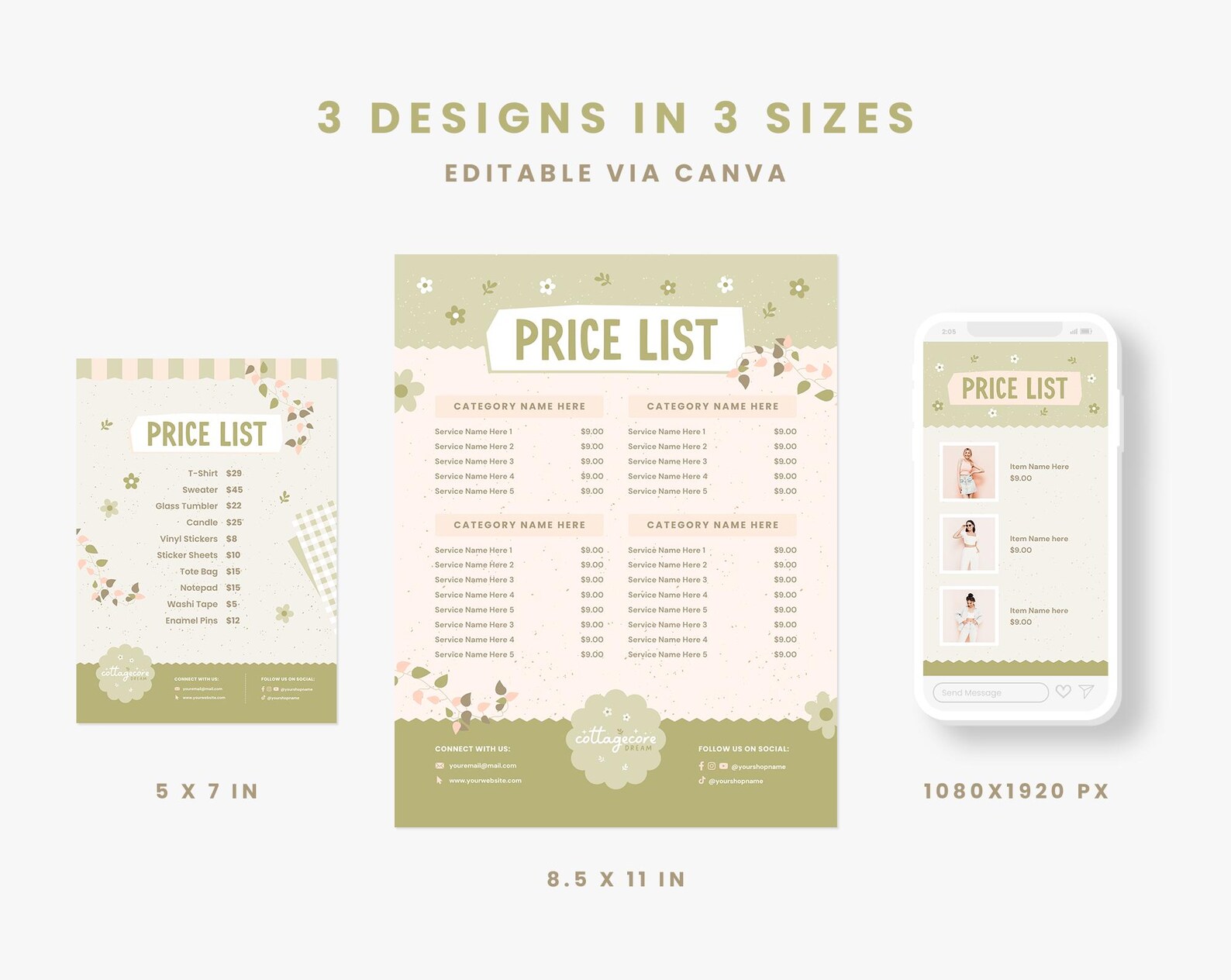 Price List Canva Template in Cottagecore Olive Green Botanical ...