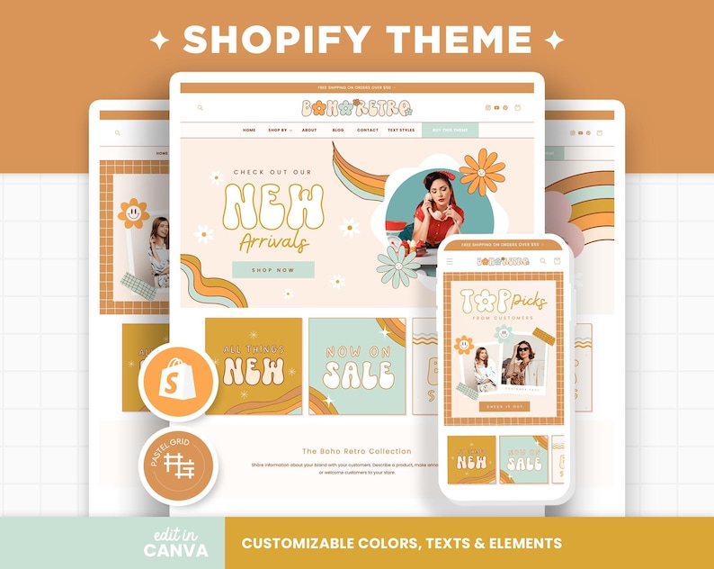 Shopify Theme Boho Retro Beige Design, Customizable Shopify Template ...