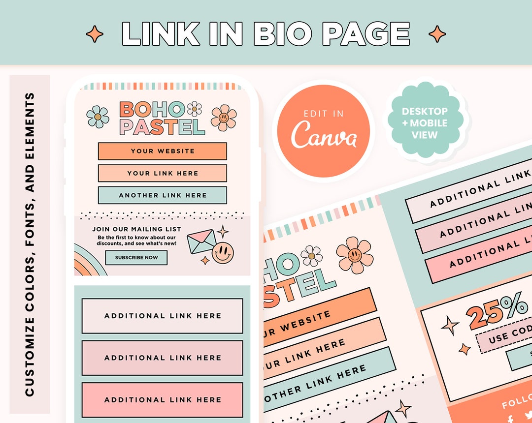 Link in Bio Canva Editable Template in Boho Pastel Rainbow Colors ...