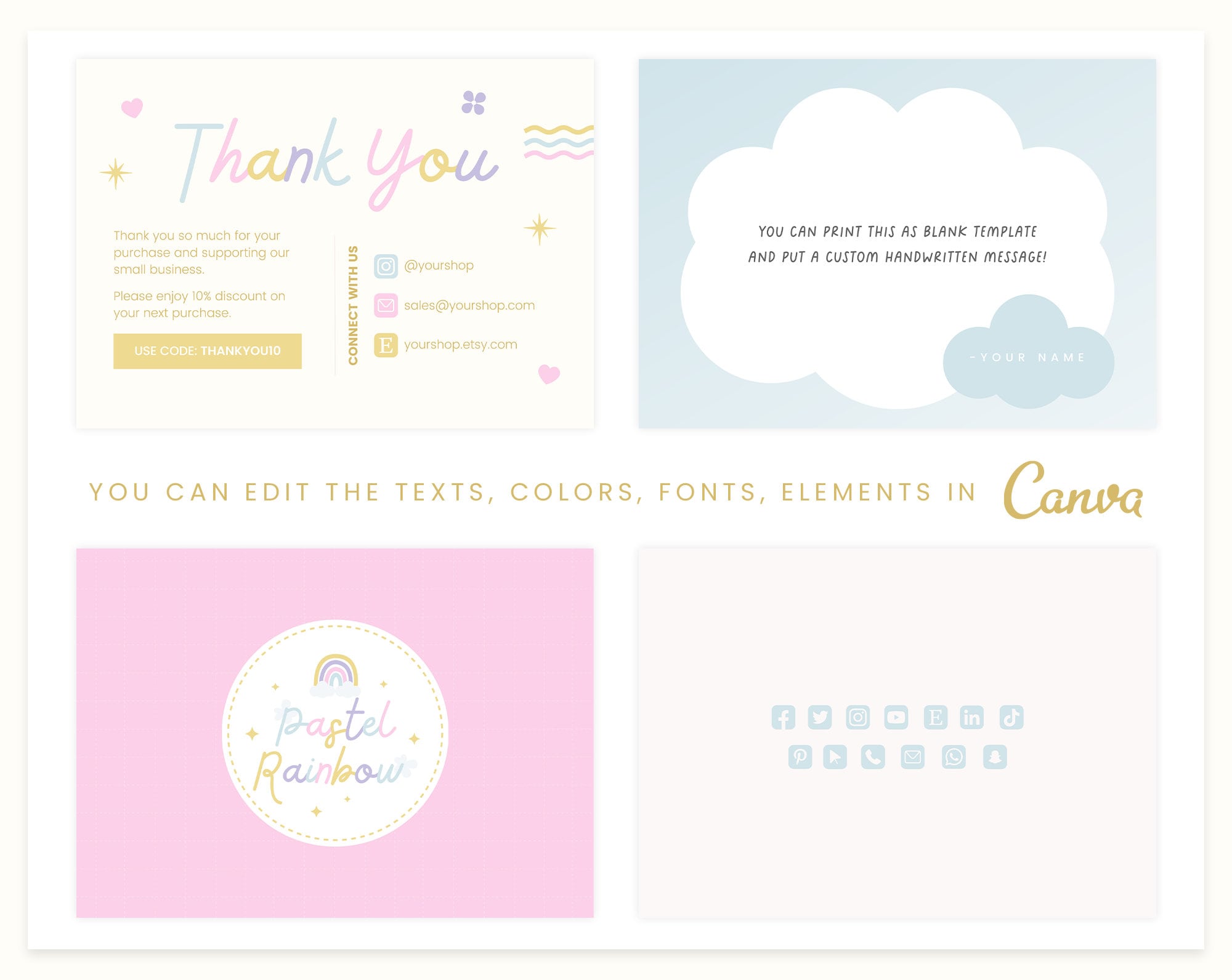 Thank You Card Template Editable in Canva, Pastel Rainbow Light Colors ...
