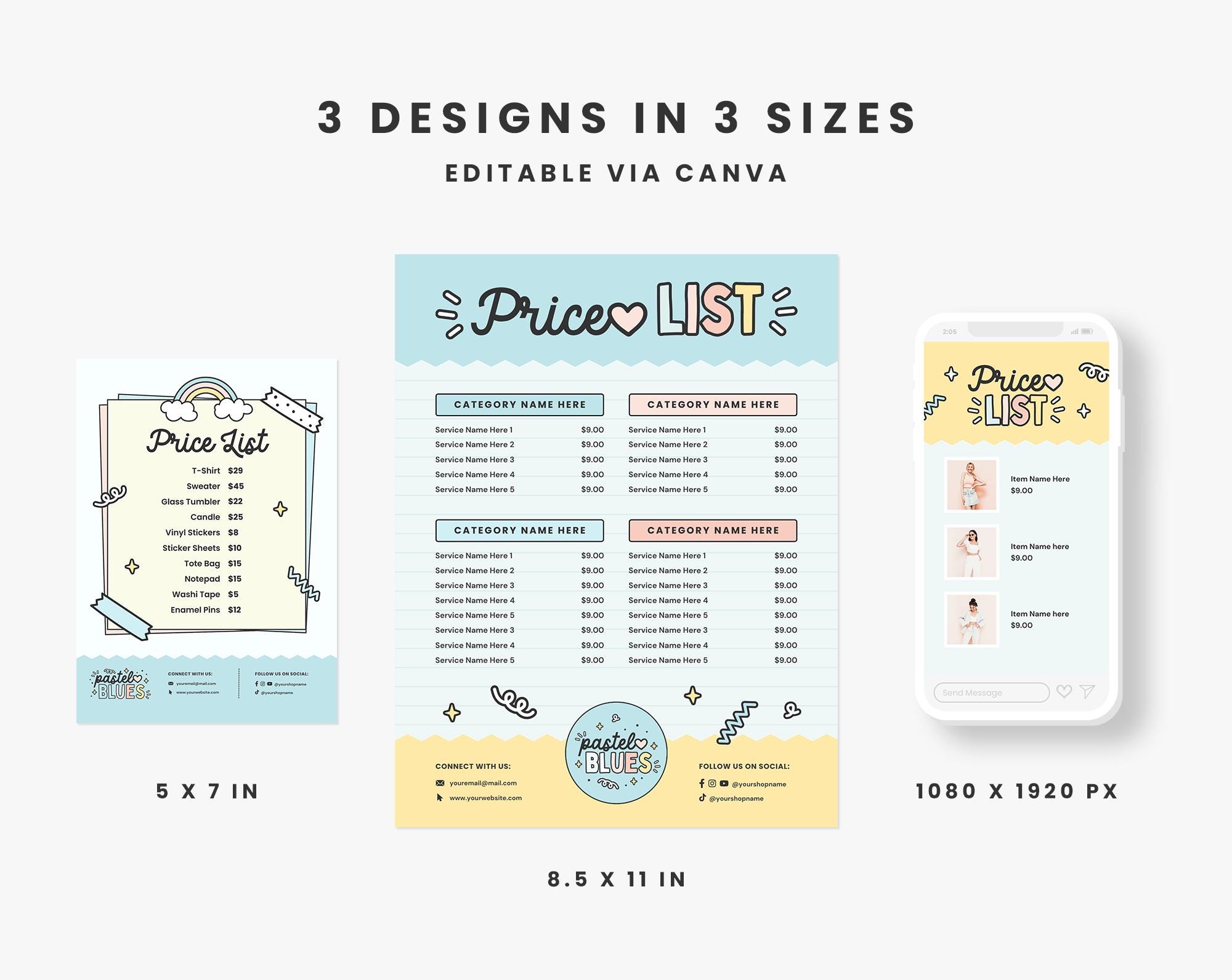 Price List Canva Template in Pastel Blue Yellow Aesthetic Customizable ...