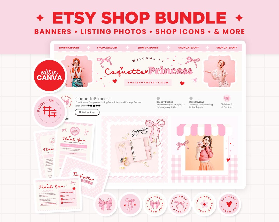 Etsy Shop Banner Templates, Coquette Pink Red Bows Hearts Valentines ...
