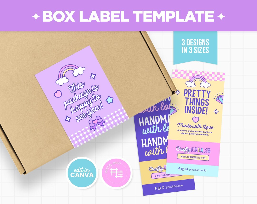 Editable Box Label Canva Template Purple Pink Blue Bright Rainbow ...