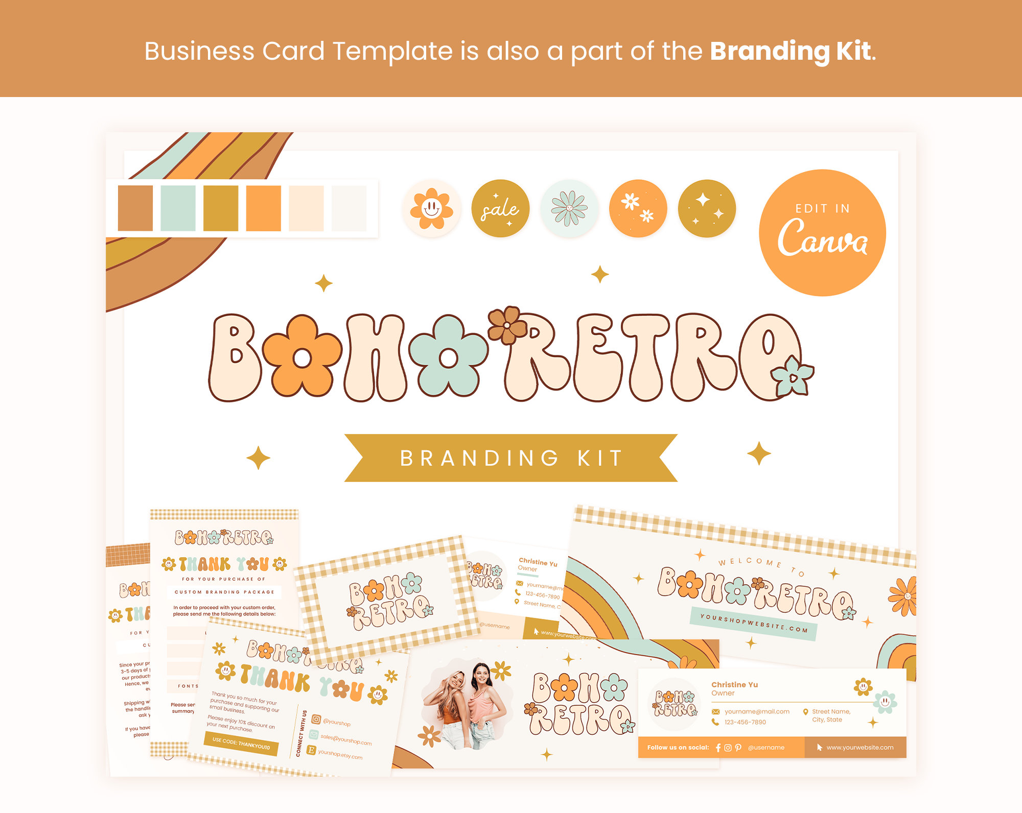 Business Card Template Editable in Canva, Boho Retro Groovy ...