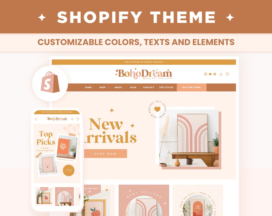 Shopify Theme Boho Beige Brown Shopify Template, Customizable Theme ...