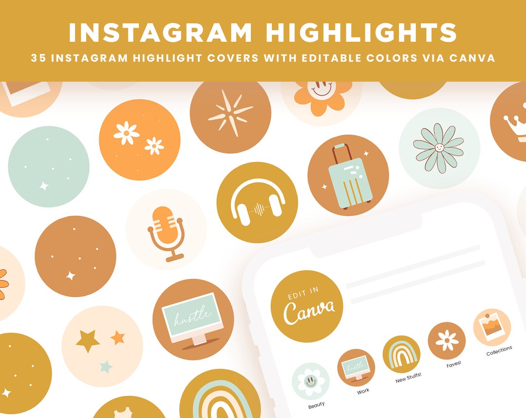 Portadas destacadas de Instagram Colores retro boho Canva - Etsy México