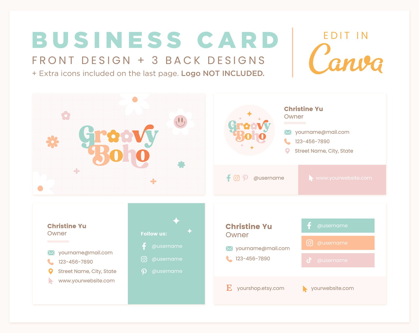 Business Card Template Editable in Canva, Groovy Boho Pastel ...