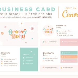Business Card Template Editable in Canva, Groovy Boho Pastel ...