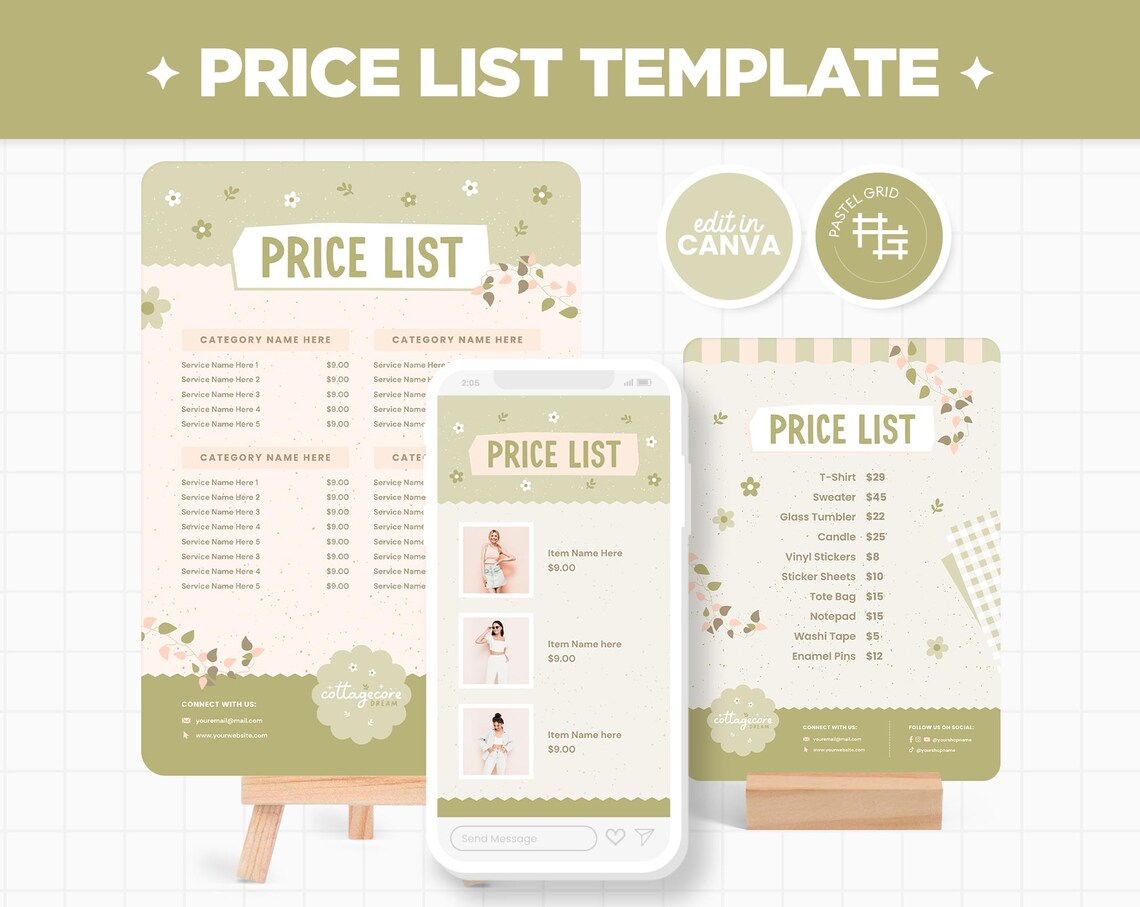 Price List Canva Template in Cottagecore Olive Green Botanical ...