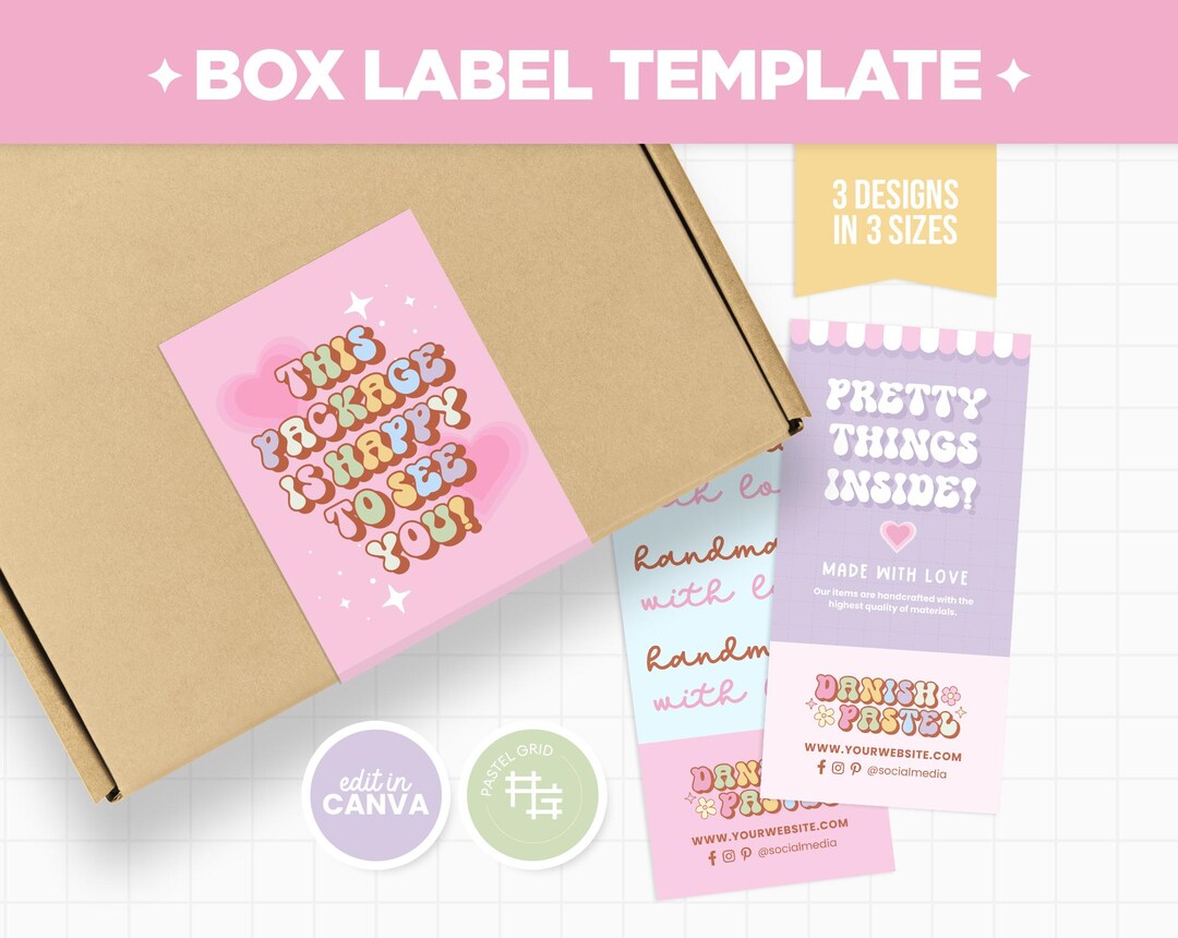 Editable Box Label Canva Template Danish Pastel Rainbow Pink Purple ...