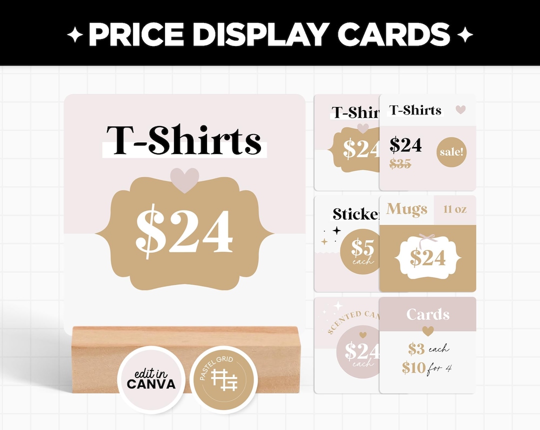 Price Display Cards Editable Canva Template Black White Pink Minimalist ...