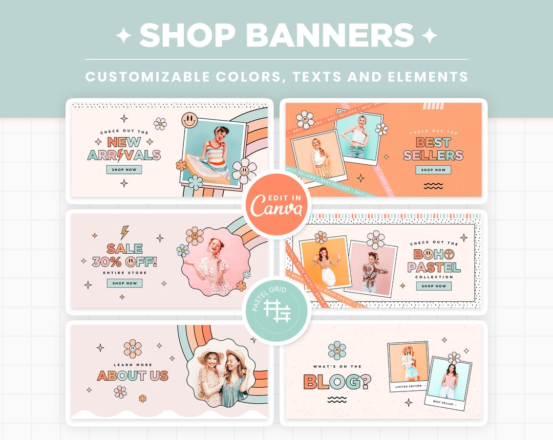 Shop Banners Boho Pastel Rainbow Colors Editable via Canva, Shopify ...