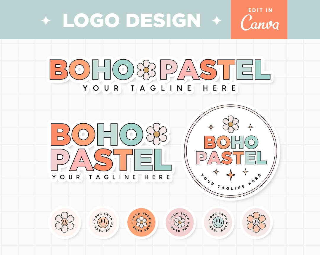 Editable Logo in Canva Boho Pastel Groovy Aesthetic Retro Logo Design ...