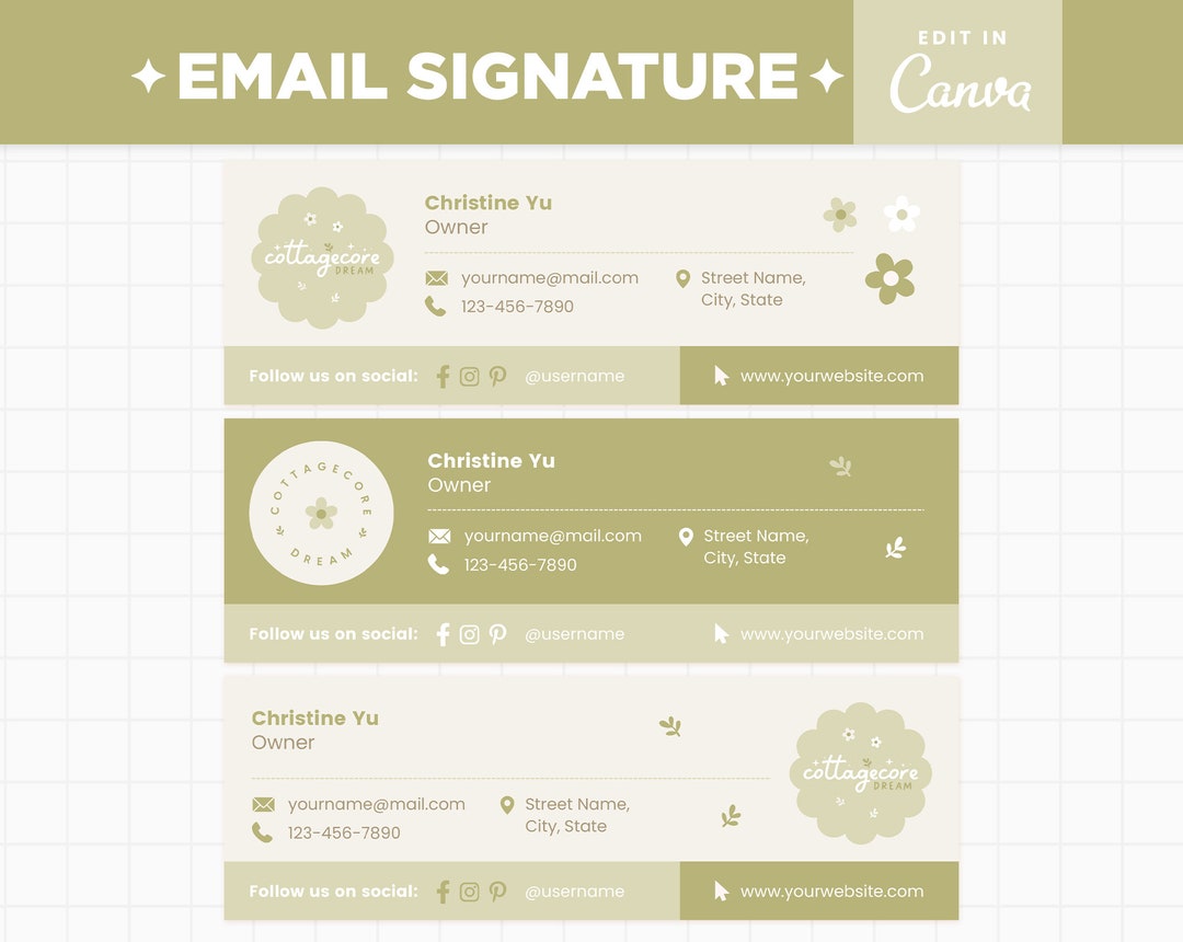 Email Signature Template Editable in Canva, Cottagecore Green Sage ...