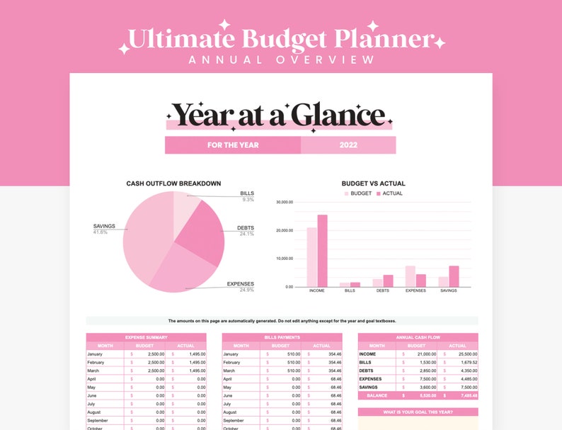 Pink Budget Spreadsheet Extended, Digital Budget Planner, Annual and ...