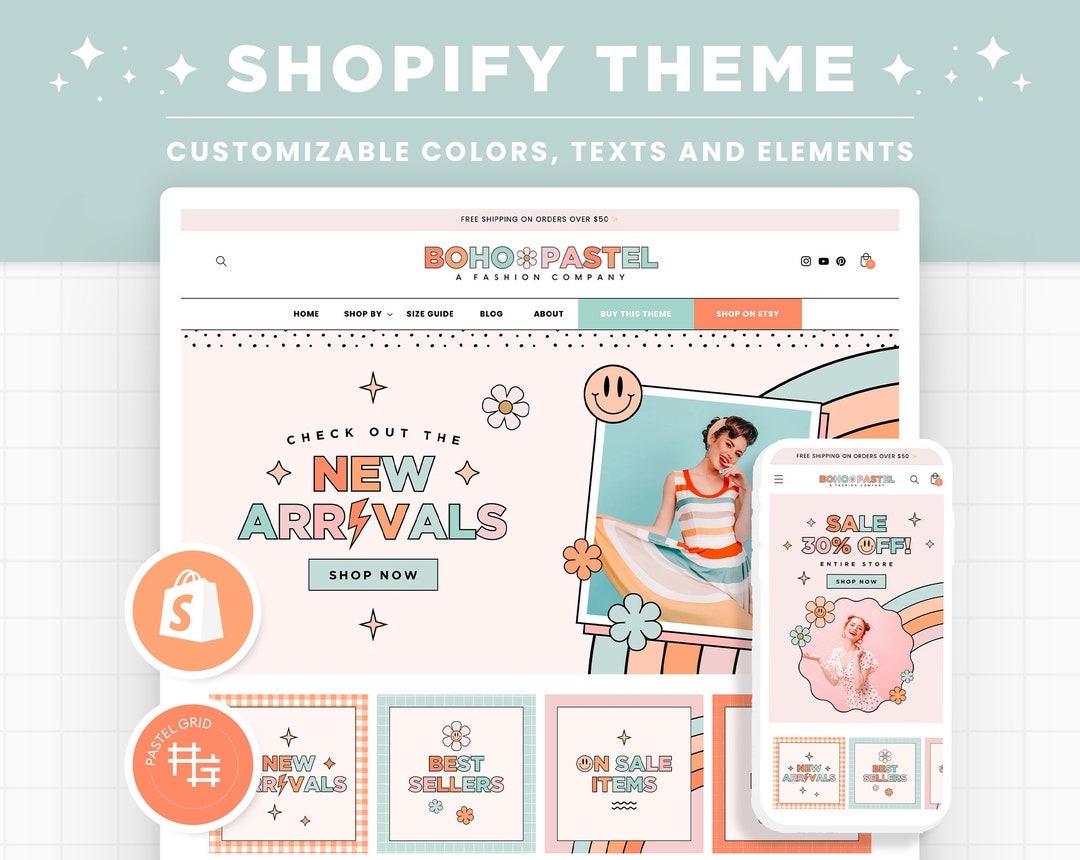 Shopify Theme Boho Pastel Groovy Rainbow Customizable Shopify Template ...