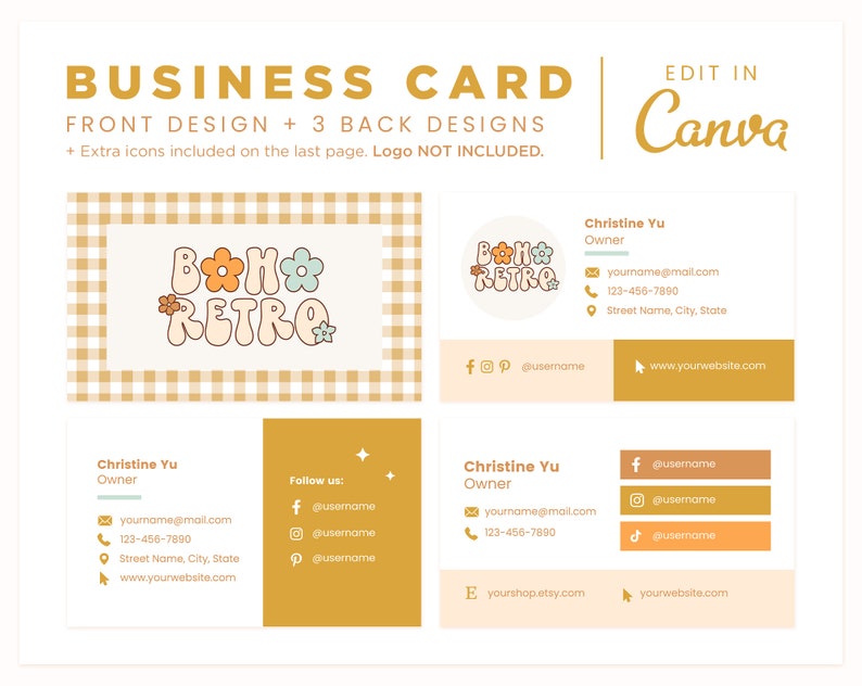Business Card Template Editable in Canva Boho Retro Groovy - Etsy