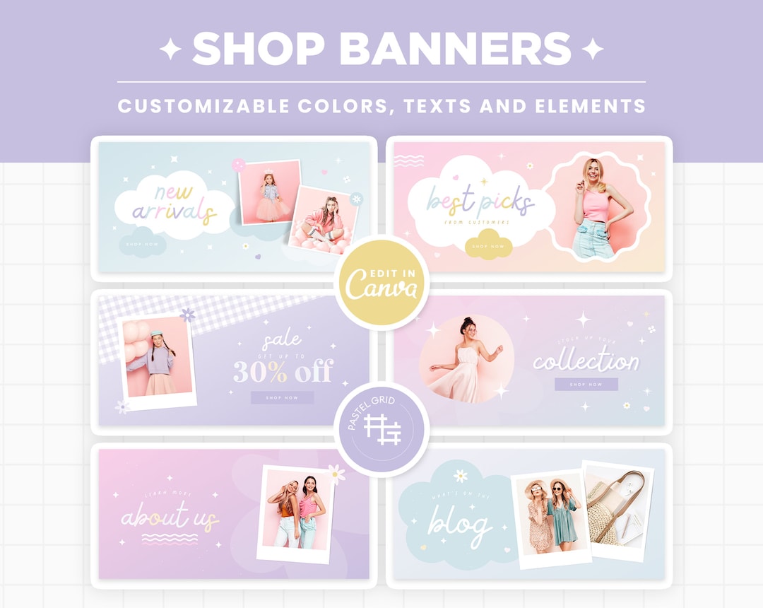 Shop Banners Pastel Rainbow Colors Editable via Canva, Shopify Banners Customizable Colors ...