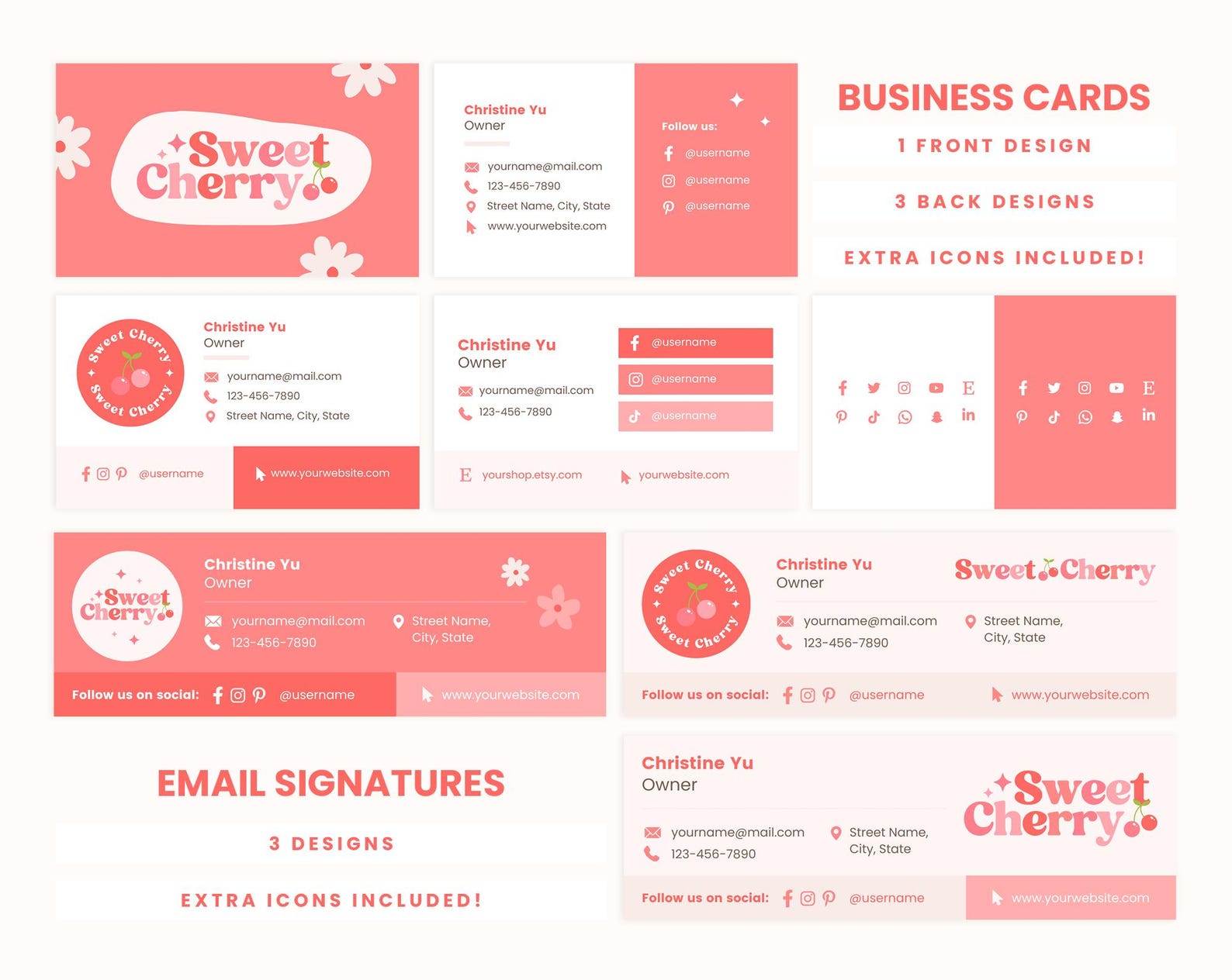 Branding Kit Red Pink Cherry Canva Templates Editable Business Cards ...