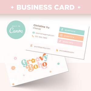 Business Card Template Editable in Canva, Groovy Boho Pastel ...