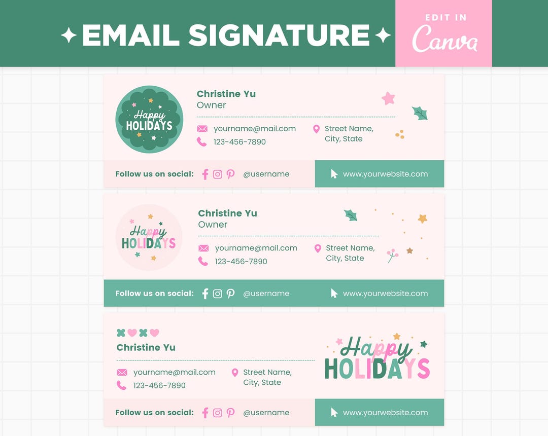 Email Signature Template Editable in Canva, Holiday Christmas Pink ...