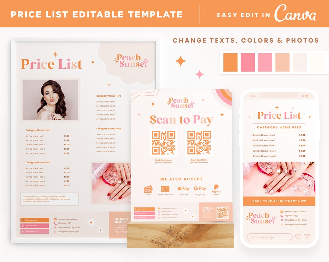 Price List Template in Pink Peach Orange Colors Editable - Etsy