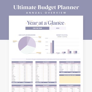 Purple Budget Spreadsheet Extended, Digital Budget Planner, Annual and ...