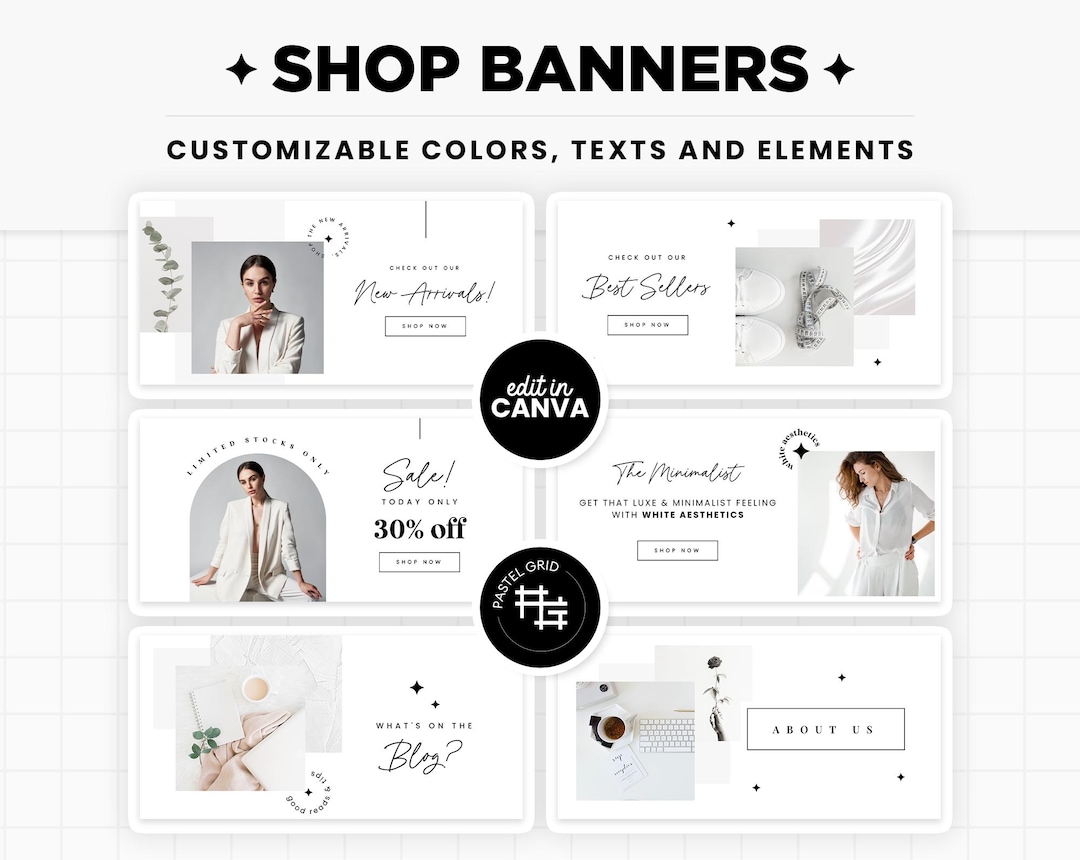 Shop Banners Minimalist White Black Editable via Canva, Shopify Banners ...