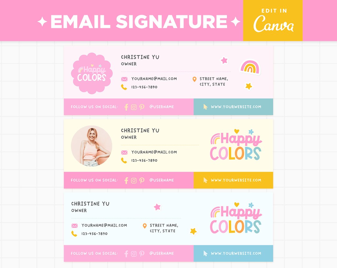 Email Signature Template Editable in Canva, Rainbow Pink Orange Bright ...