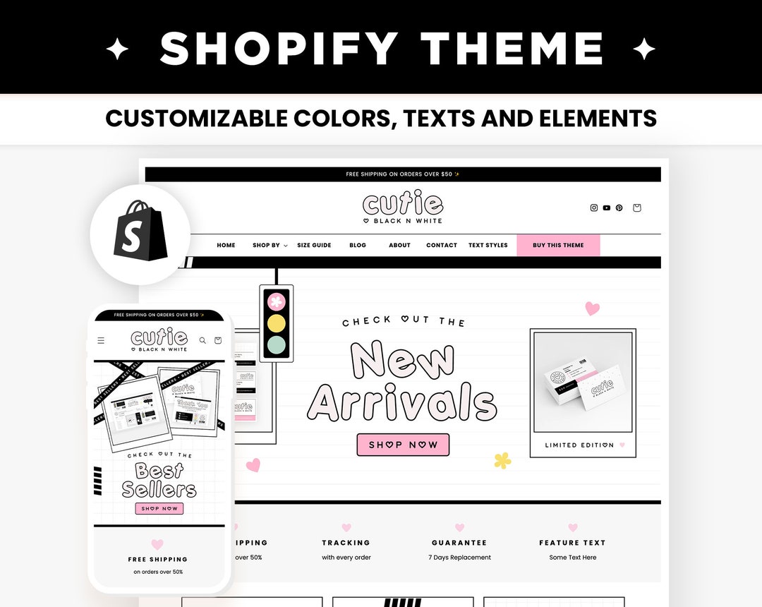 Shopify Theme Black White Pink Customizable Shopify Template Editable ...