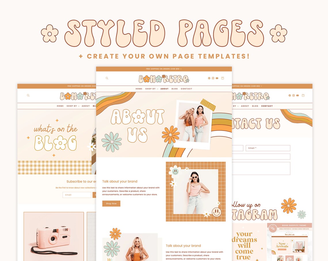 Shopify Theme Boho Retro Beige Design, Customizable Shopify Template ...