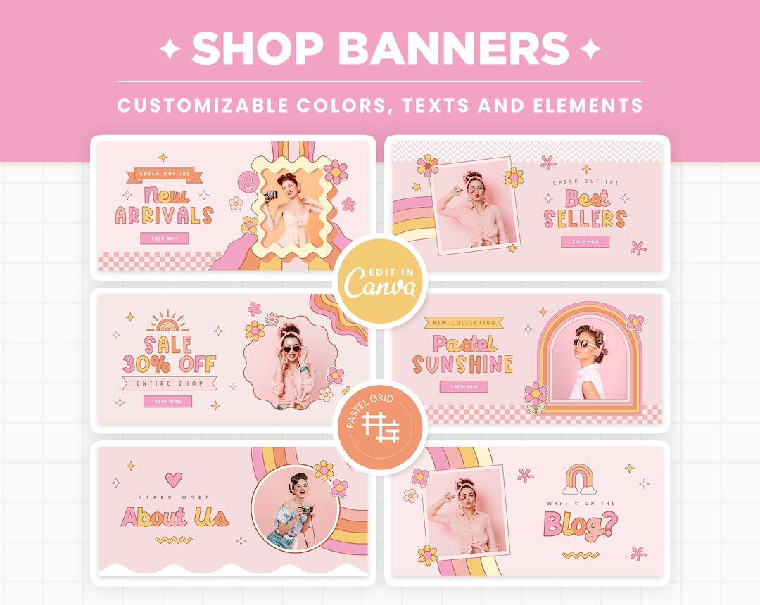 Shop Banners Pastel Pink Orange Rainbow Colors Editable via Canva ...