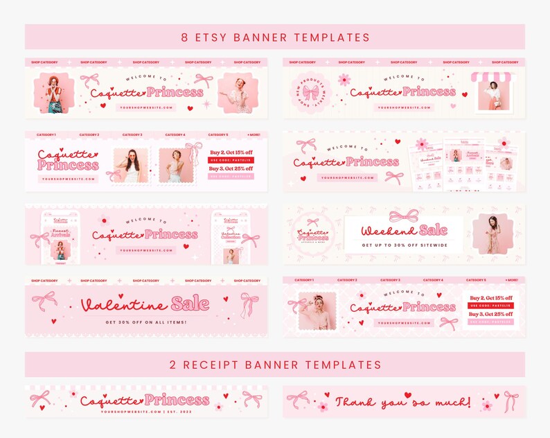 Etsy Shop Banner Templates, Coquette Pink Red Bows Hearts Valentines ...