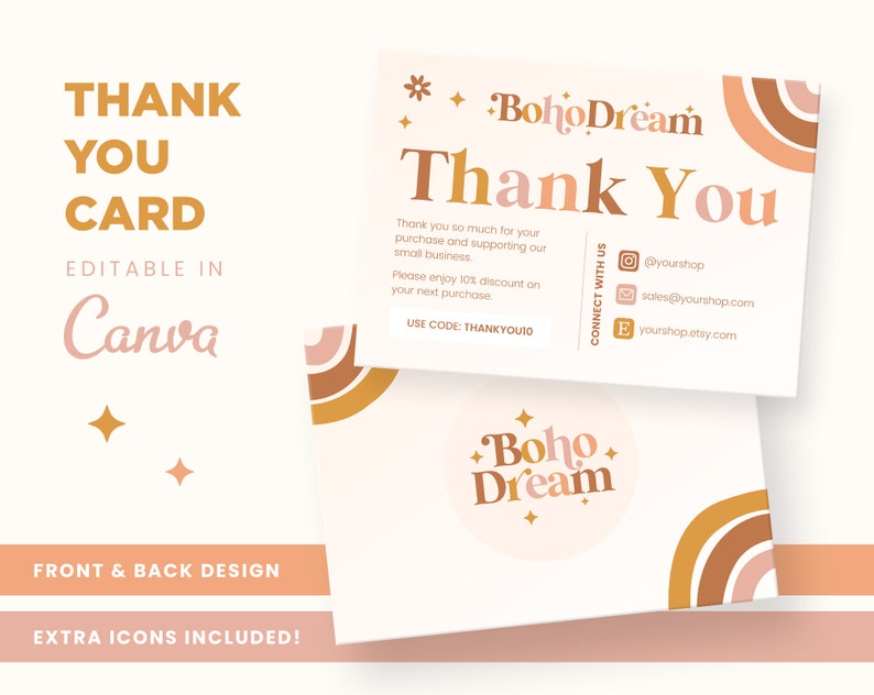 Thank You Card Template Editable in Canva Boho Rainbow Light - Etsy