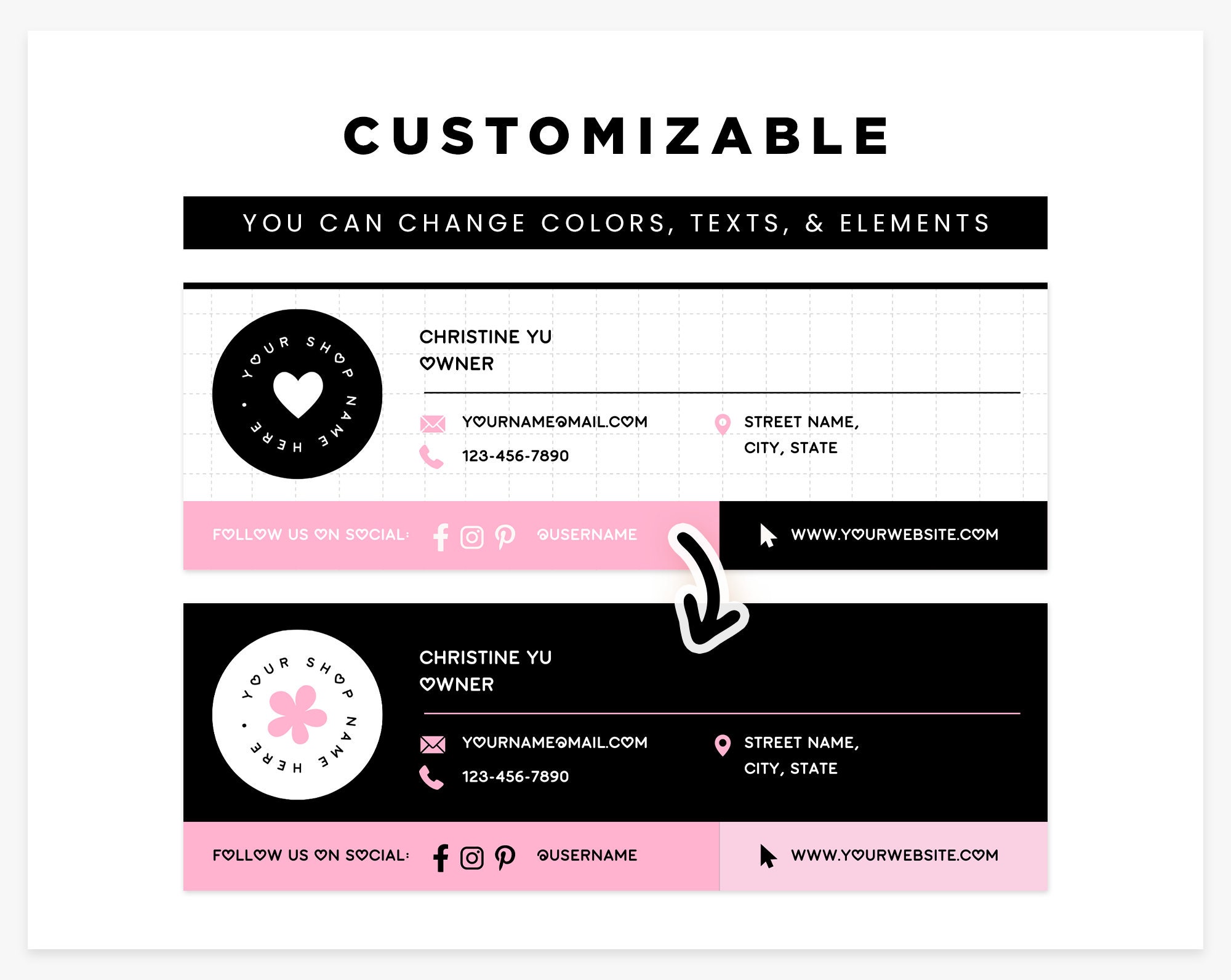 Email Signature Template Editable in Canva, Black Pink White ...