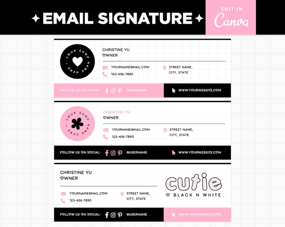 Email Signature Template Editable in Canva, Black Pink White ...