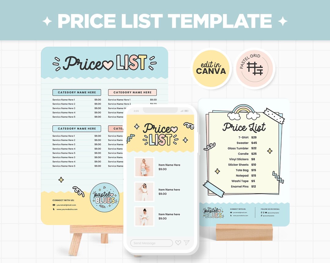 Price List Canva Template in Pastel Blue Yellow Aesthetic Customizable ...