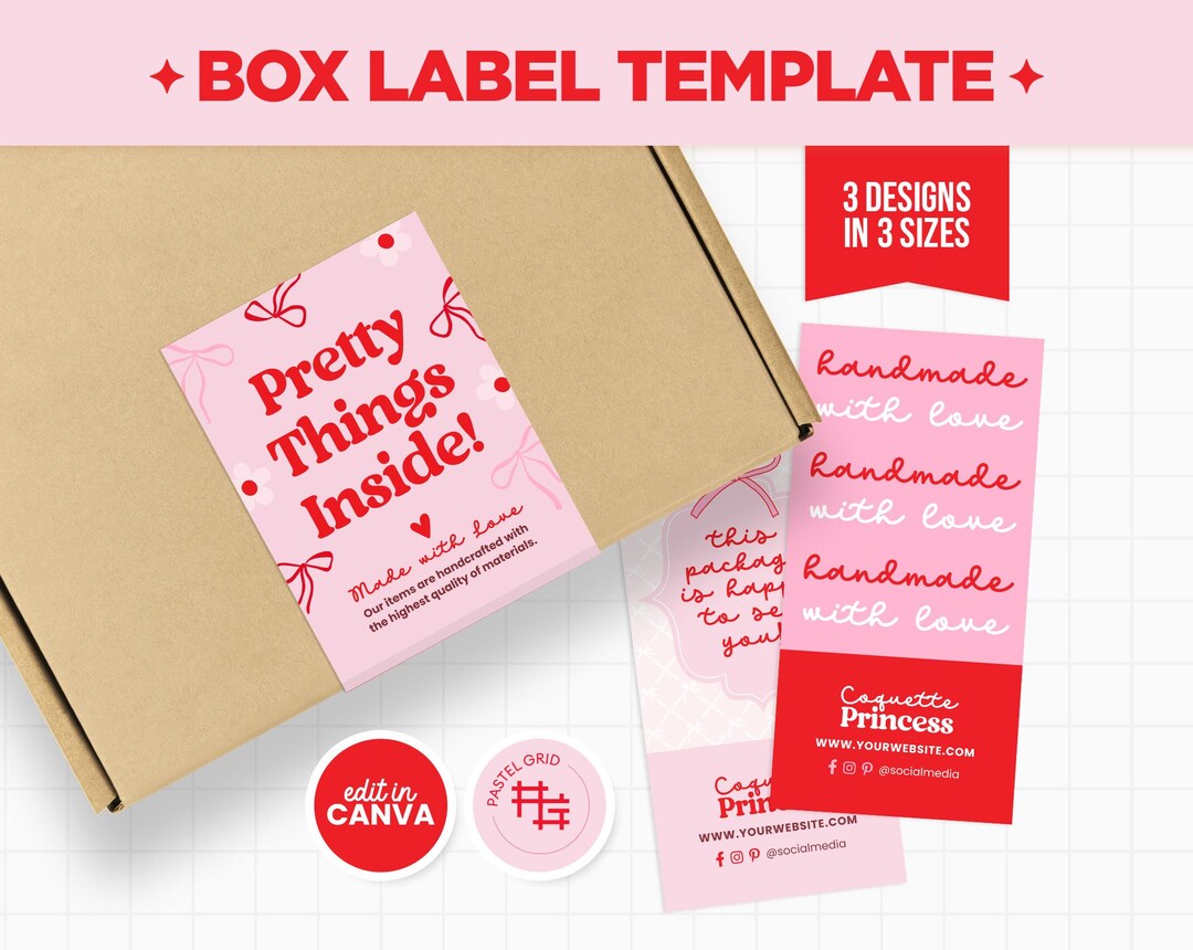 Editable Box Label Canva Template in Coquette Aesthetic, Pink and Red ...
