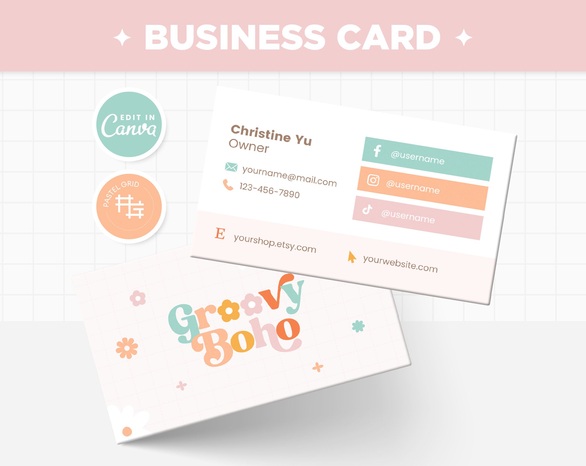 Business Card Template Editable in Canva, Groovy Boho Pastel ...