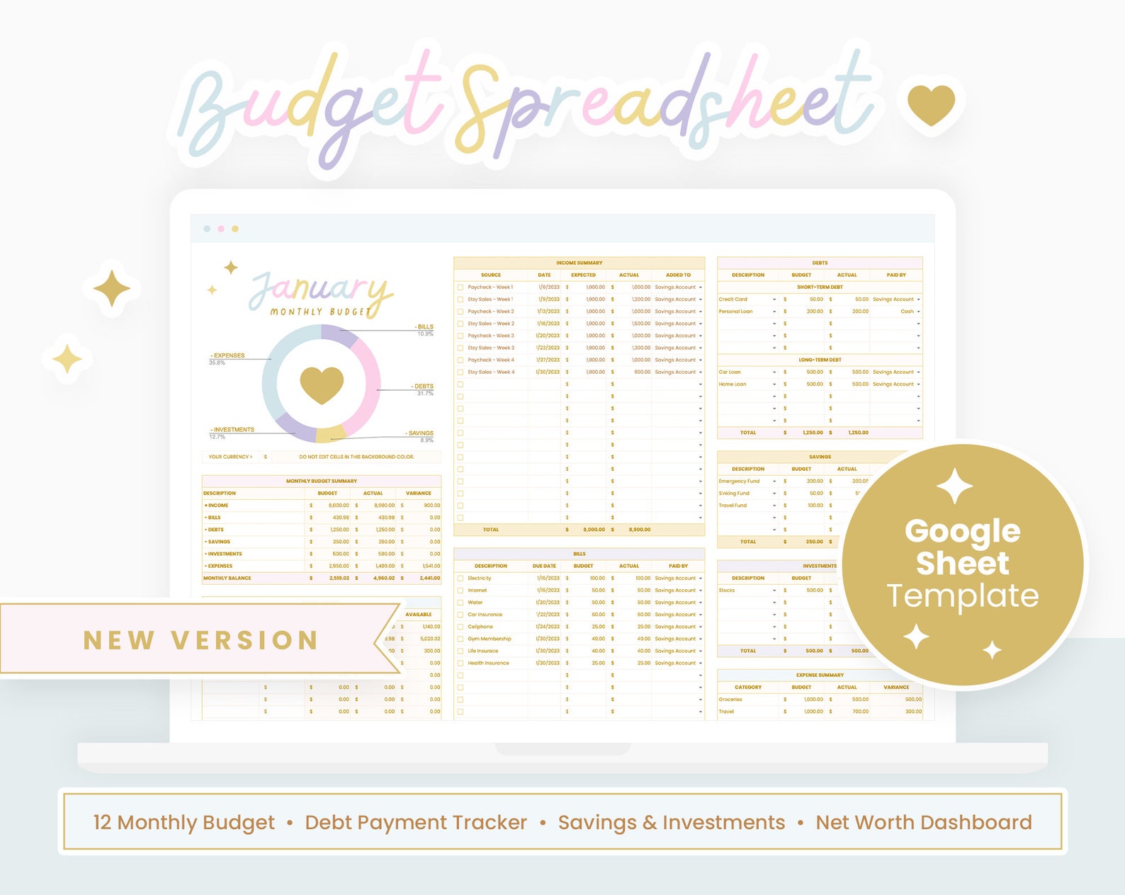 Budget Spreadsheet in Pastel Rainbow Colors, Digital Budget Planner ...