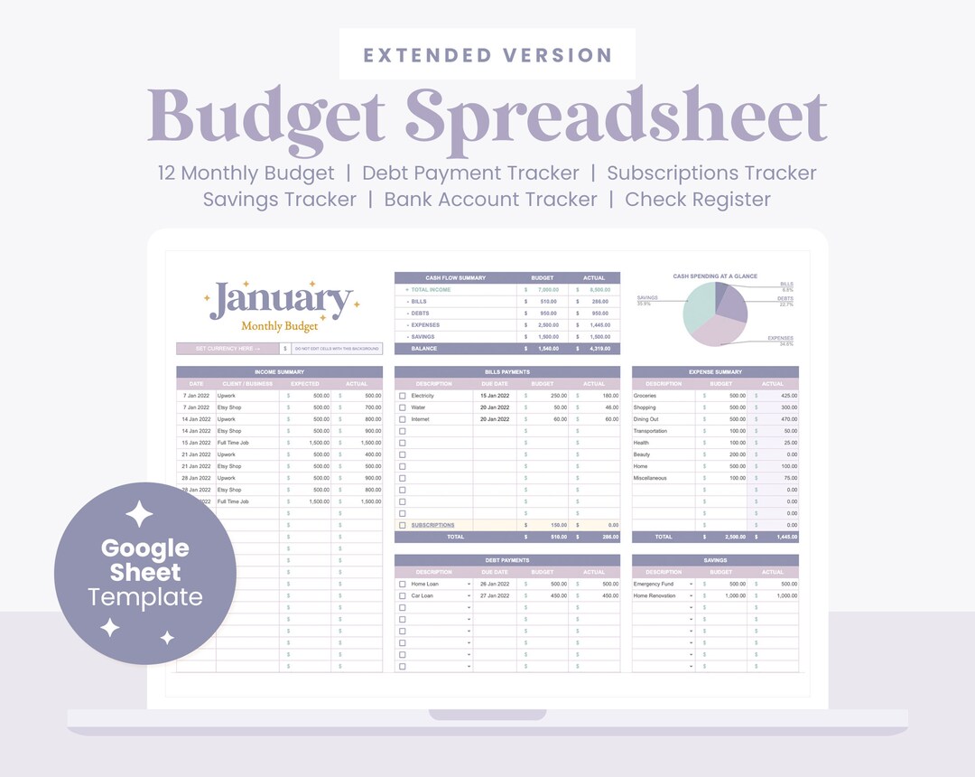 Purple Budget Spreadsheet Extended Digital Budget Planner - Etsy