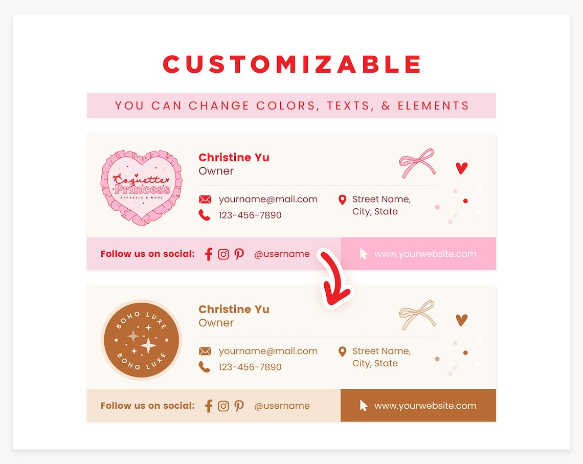Email Signature Template Editable in Canva, Coquette Aesthetic Bows Red ...