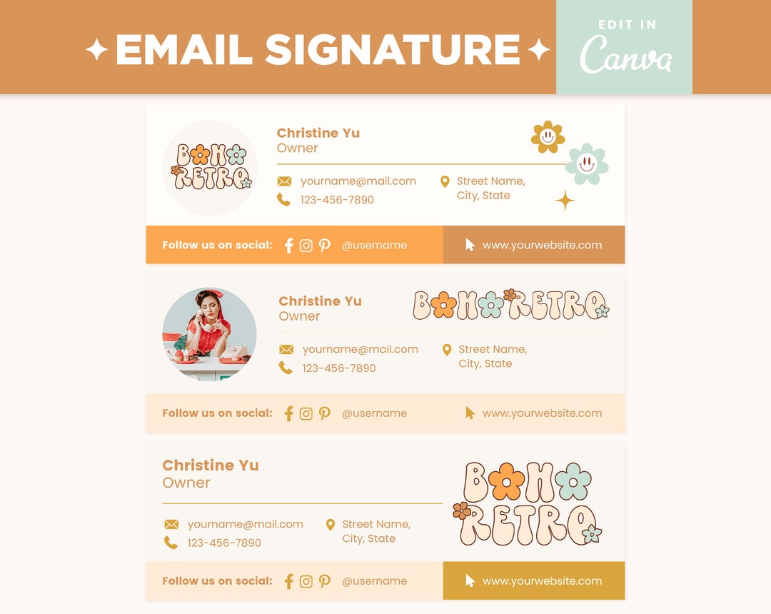 Email Signature Template Editable in Canva, Boho Retro Groovy Rainbow ...
