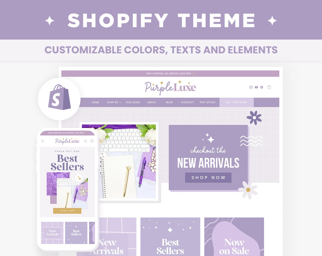 Purple Shopify Theme, Shopify 2.0, Editable Canva Banners, Boutique ...