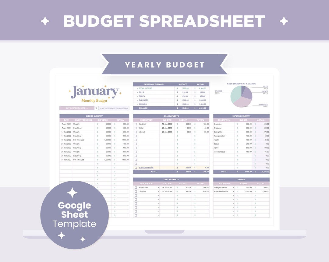Purple Budget Spreadsheet Extended, Digital Budget Planner, Annual and ...